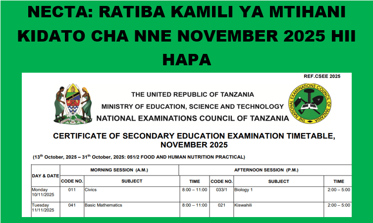 Ratiba ya Mtihani wa Kidato cha Nne (CSEE) 2025 – NECTA Official ...